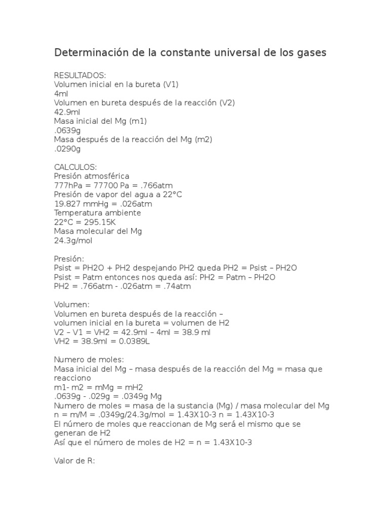 Determinación de La Constante Universal de Los Gases | PDF | Gases ...