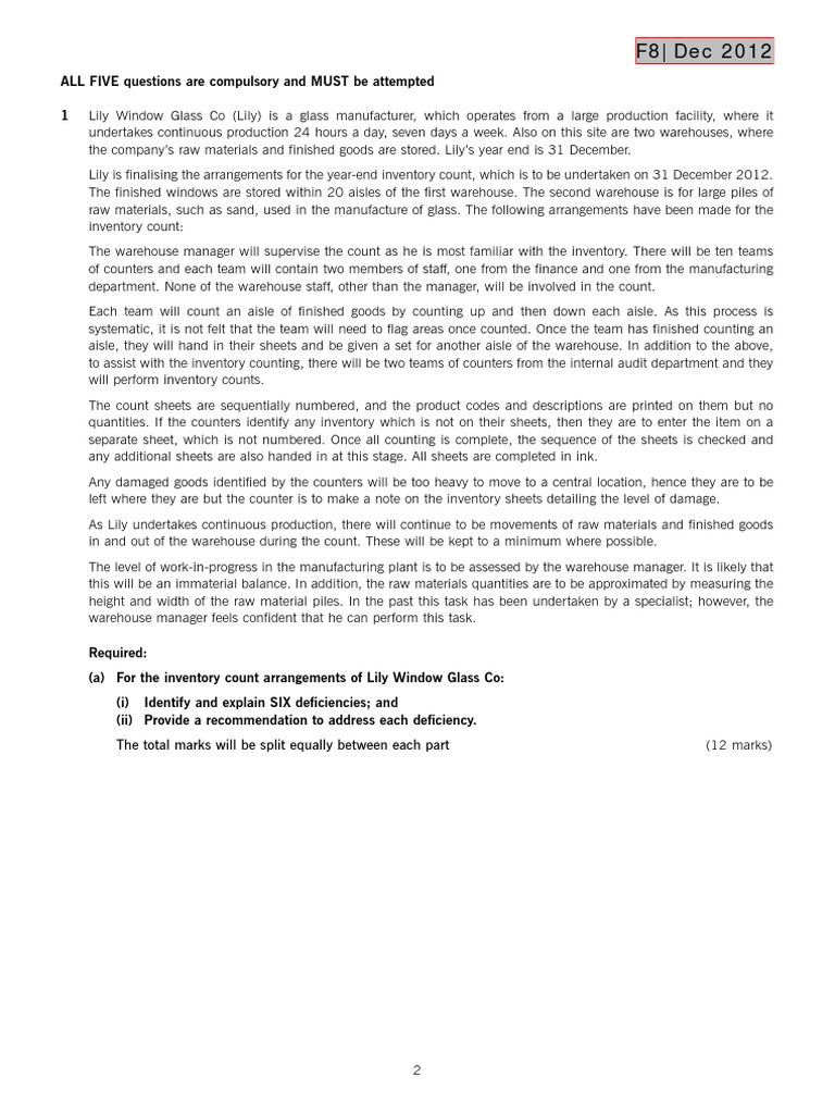 F8 - Dec 2012: ALL FIVE Questions Are Compulsory and MUST Be Attempted 1 | PDF | Inventory ...