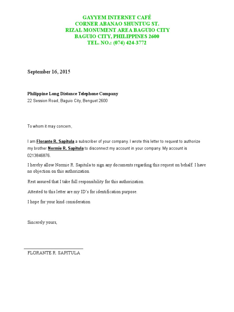 Authorization Letter For Disconnection PLDT | PDF | Oral Communication | Telephony