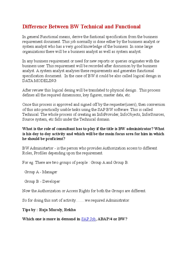 Difference Between BW Technical and Functional | PDF | Intelligence ...