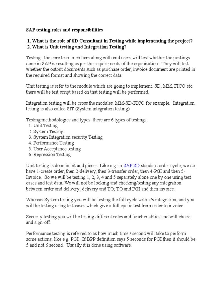 SAP Testing Roles and Responsibilities | PDF | Software Testing | Unit ...