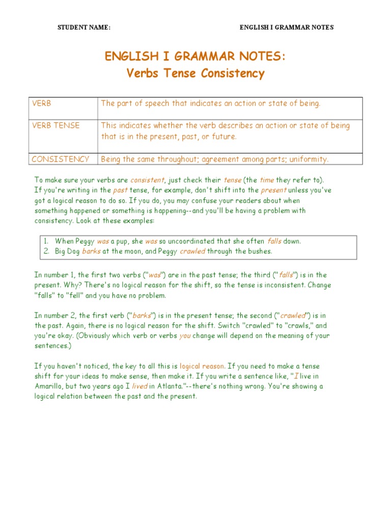 English I Grammar Notes: Verbs Tense Consistency: Consistent Tense Time ...