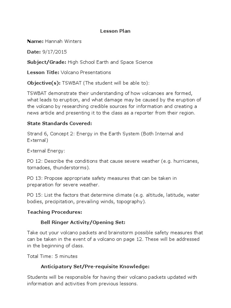 Volcano Lesson Plan | PDF | Volcano | Weather