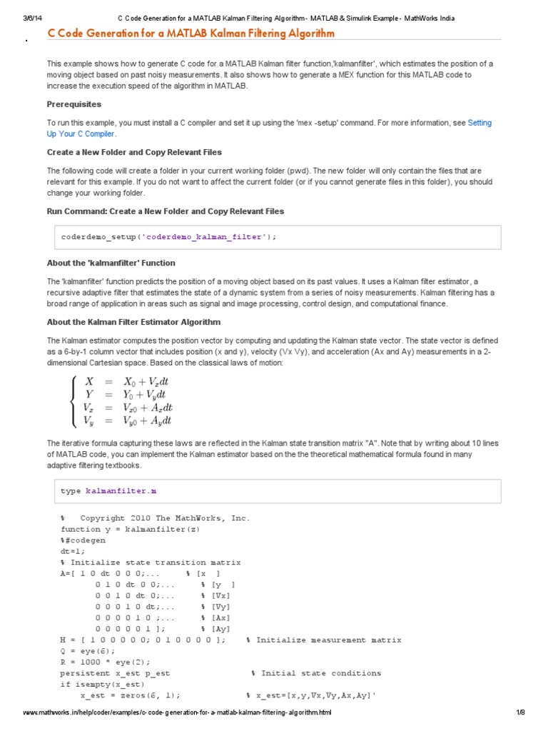 C Code Generation For A MATLAB Kalman Filtering Algorithm - MATLAB & Simulink Example ...
