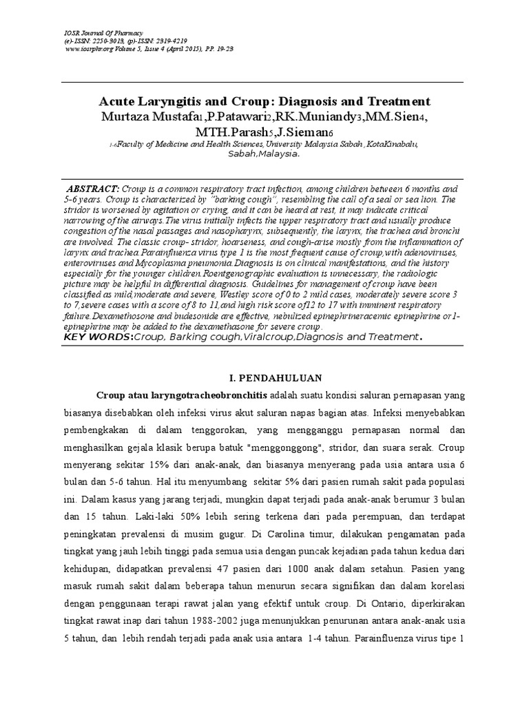 Acute Laryngitis and Croup: Diagnosis and Treatment | PDF