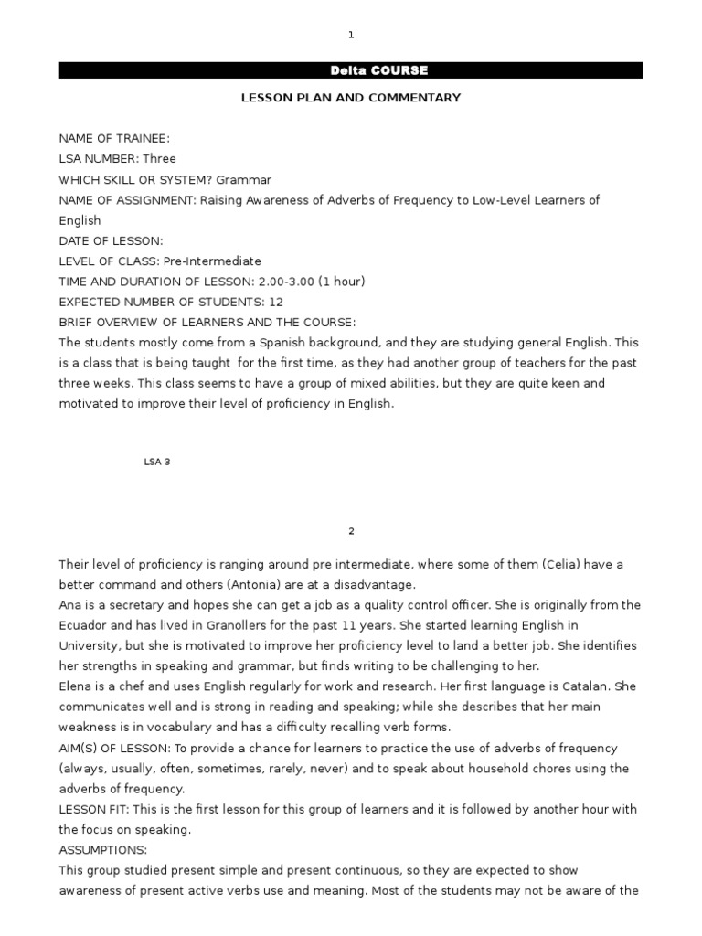 Delta COURSE: Lesson Plan and Commentary | PDF | Adverb | Lesson Plan