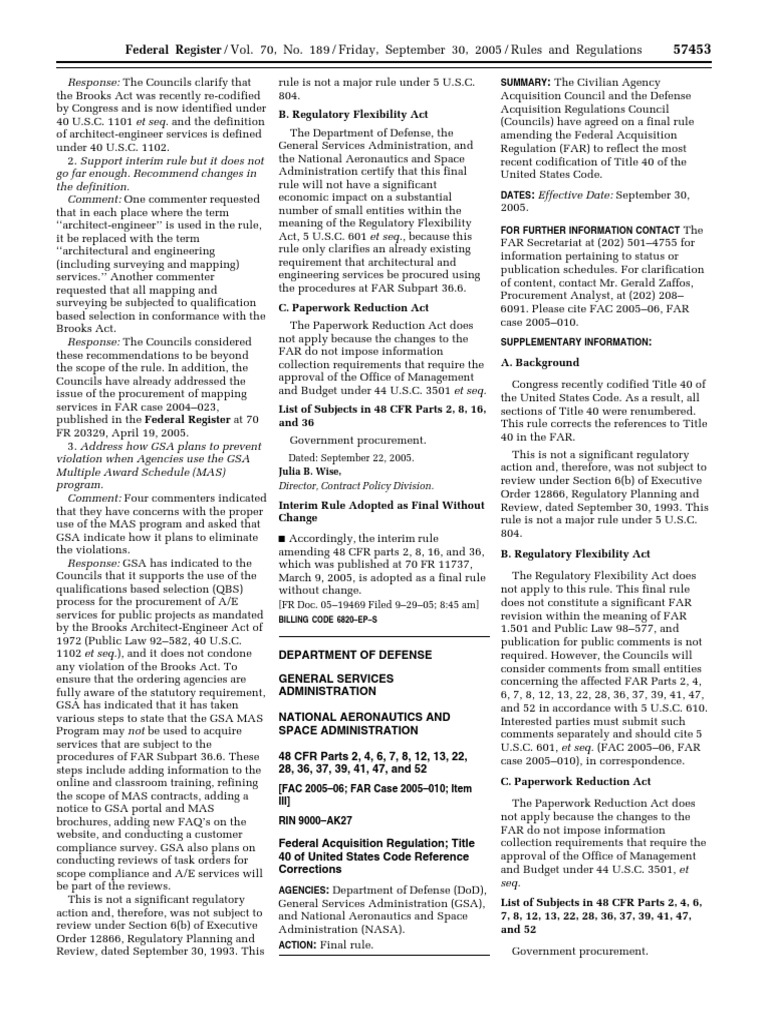Rule: Federal Acquisition Regulation (FAR) : Title 40 US Code Reference ...