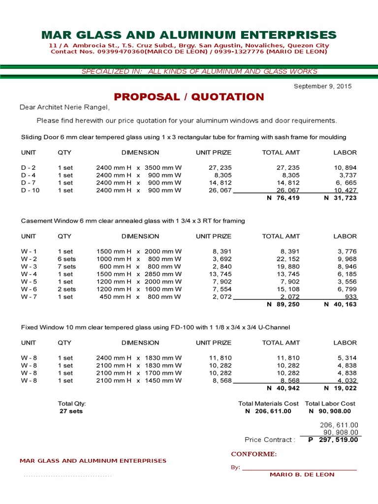 Mar Glass and Aluminum Enterprises: Proposal / Quotation | PDF