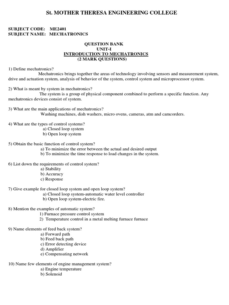 Me2401 Mechatronics - 2 Marks With Answer PDF | PDF | Programmable Logic Controller ...