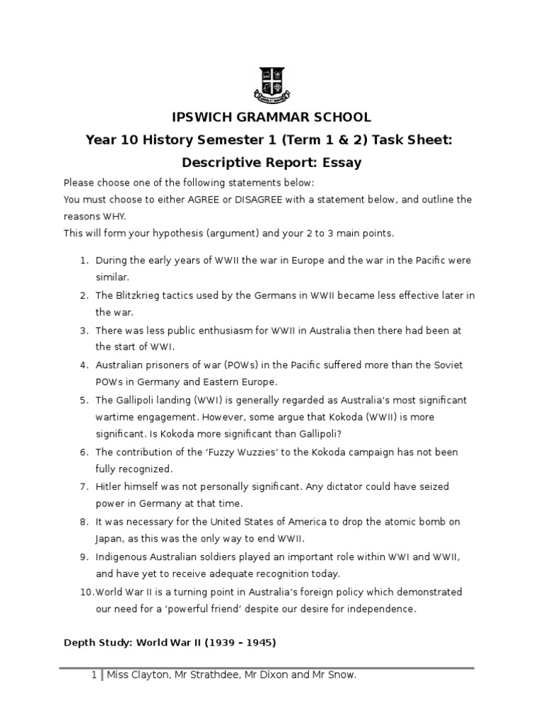 Year 10 WWII History Essay Guidelines | PDF | Prisoner Of War | World ...