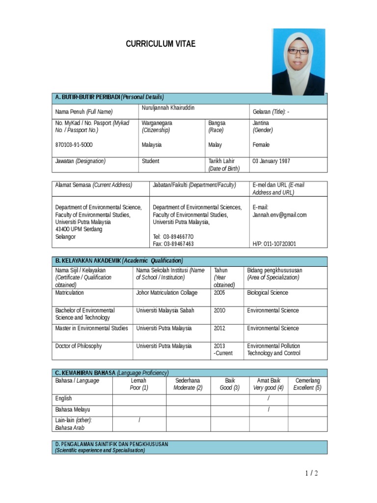 Curriculum Vitae: A. BUTIR-BUTIR PERIBADI (Personal Details) | PDF | Malaysia | Languages