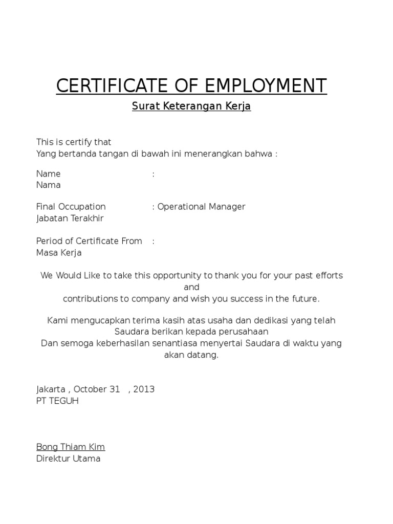 Certificate of Employment Contoh | PDF