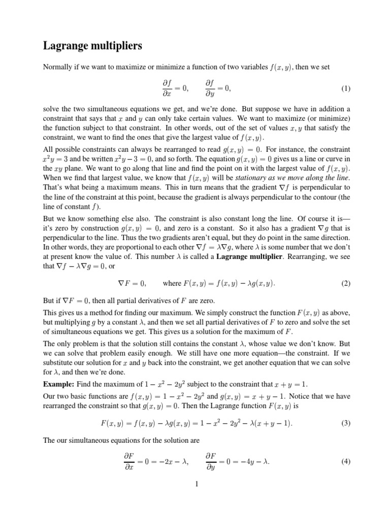 Lagrange Multipliers: Example: Find The Maximum of | PDF | Physics ...