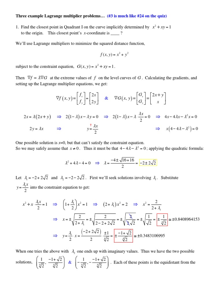 Three Example Lagrange Multiplier Problems PDF | PDF | Teaching ...