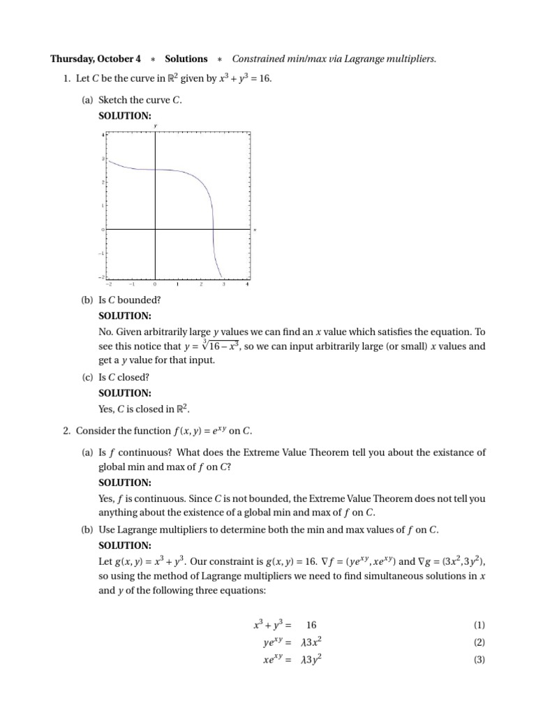 Thursday, October 4 Solutions Constrained Min/max Via Lagrange Multipliers | PDF | Algebra ...