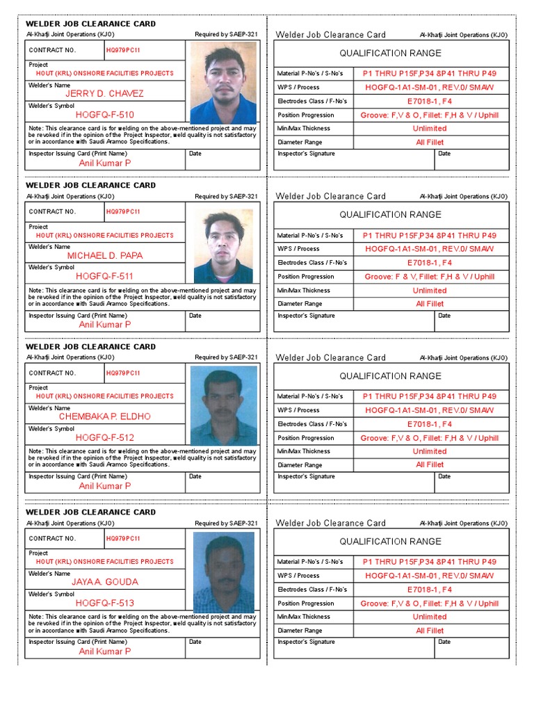 Job Clearance Card | PDF | Transition Metals | Welding