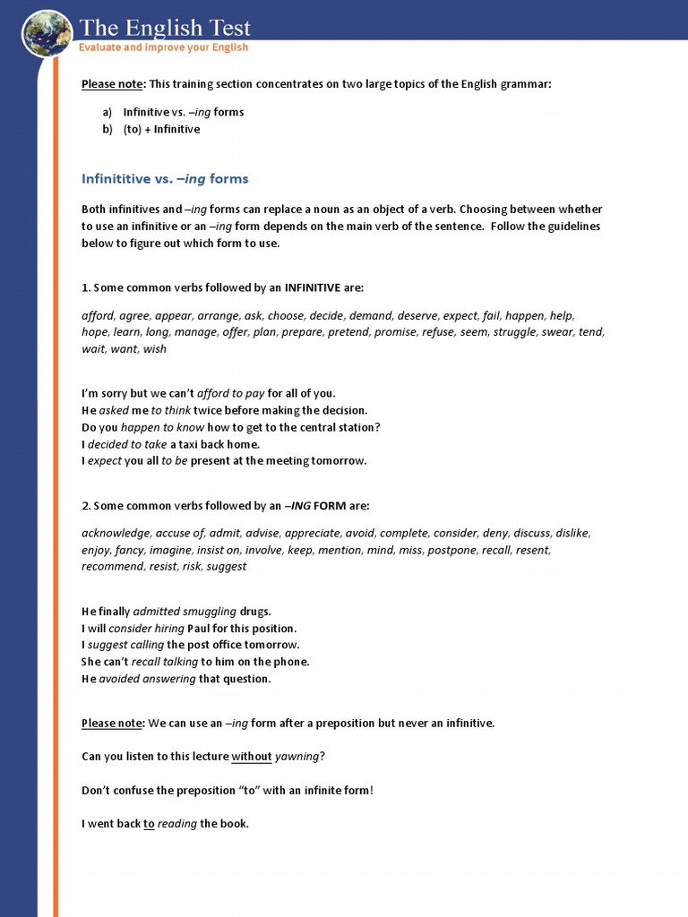 A Comprehensive Guide to English Grammar: Infinitives, -ing Forms, and ...