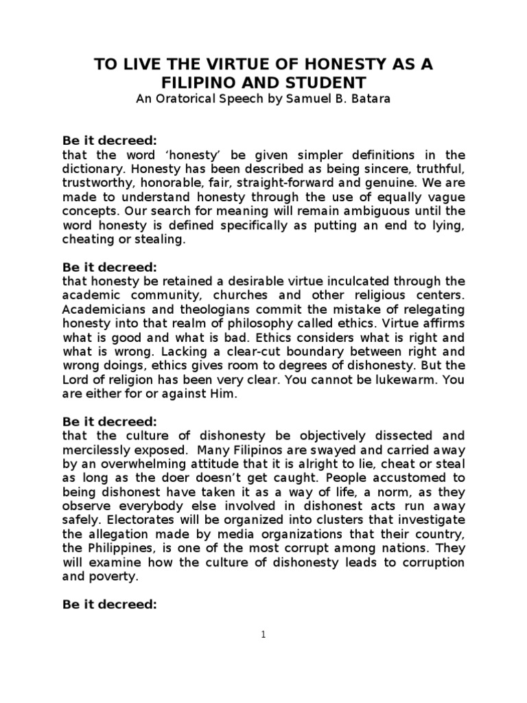 TO LIVE THE VIRTUE OF HONESTY AS A FILIPINO AND STUDENT: An Oratorical ...