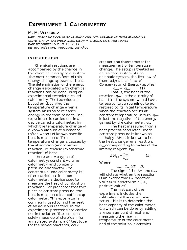 Chem 17 Calorimetry | PDF | Calorimetry | Heat