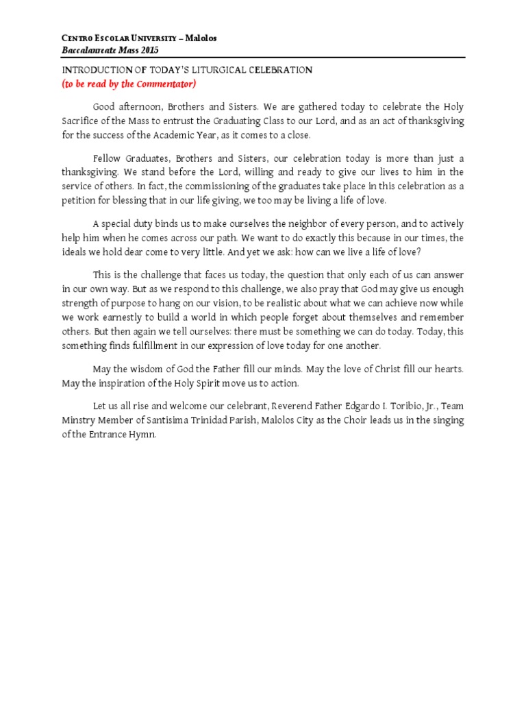 (To Be Read by The Commentator) : Introduction of Today'S Liturgical ...