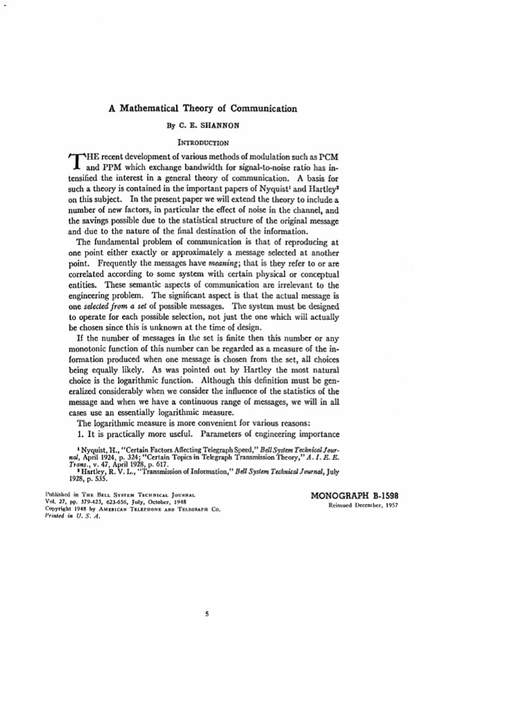 A Mathematical Theory of Communication 1957 | PDF