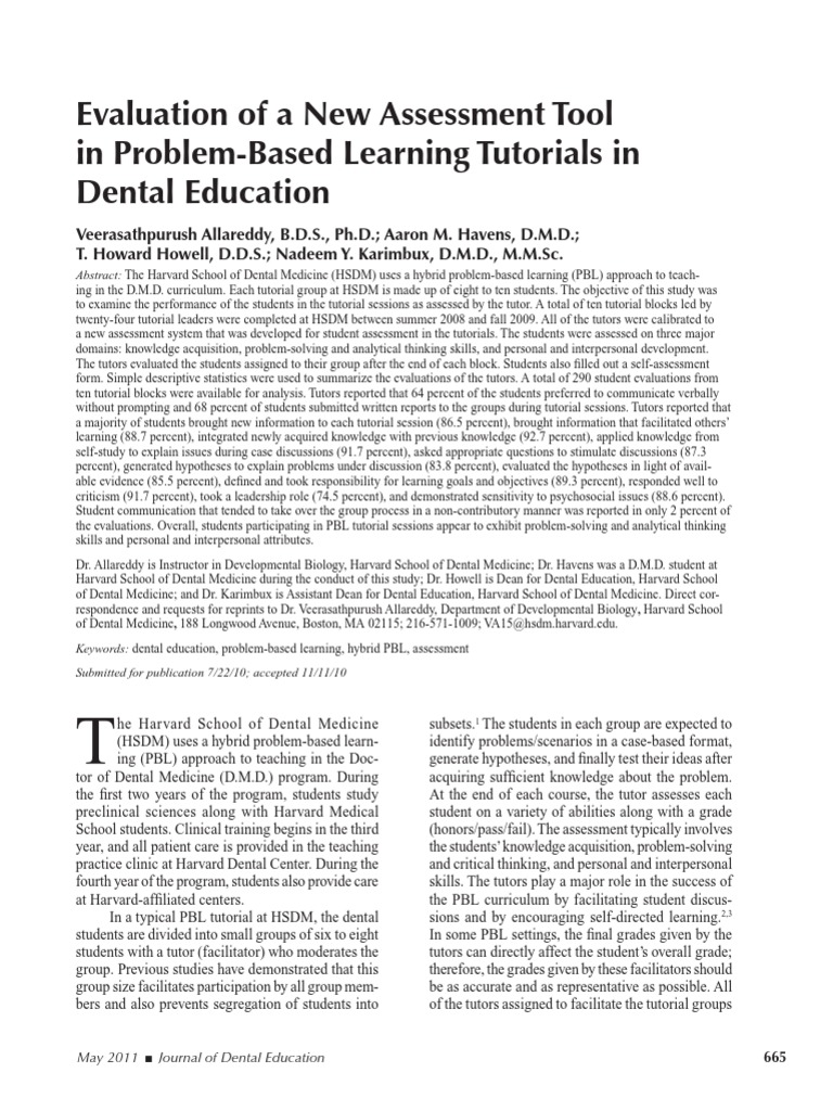 Evaluation of A New Assessment Tool in Problem-Based Learning Tutorials in Dental Education ...