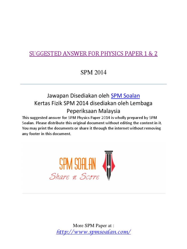 Suggested Answer For Physics Paper 1 & 2: SPM Soalan | PDF | Electrical ...