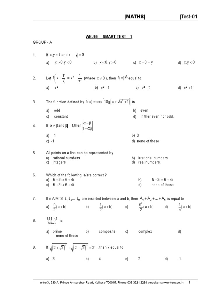 Maths - Test-01 | PDF | Line (Geometry) | Algebra