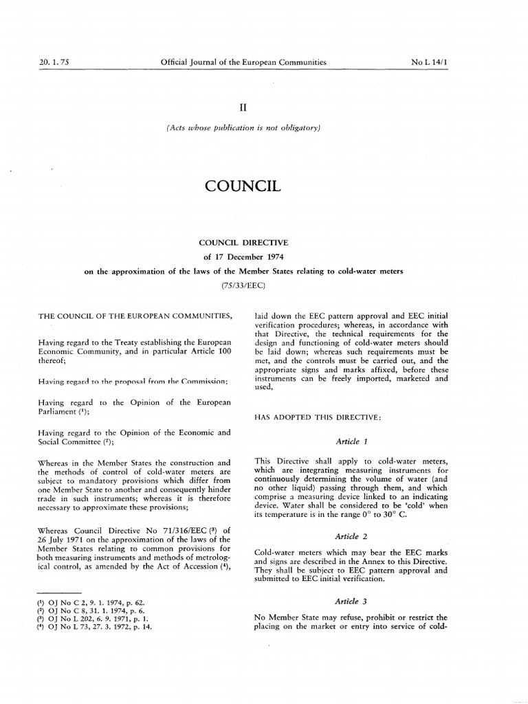 EEC Council Directive No.75/33/EEC | PDF | Flow Measurement | Directive ...