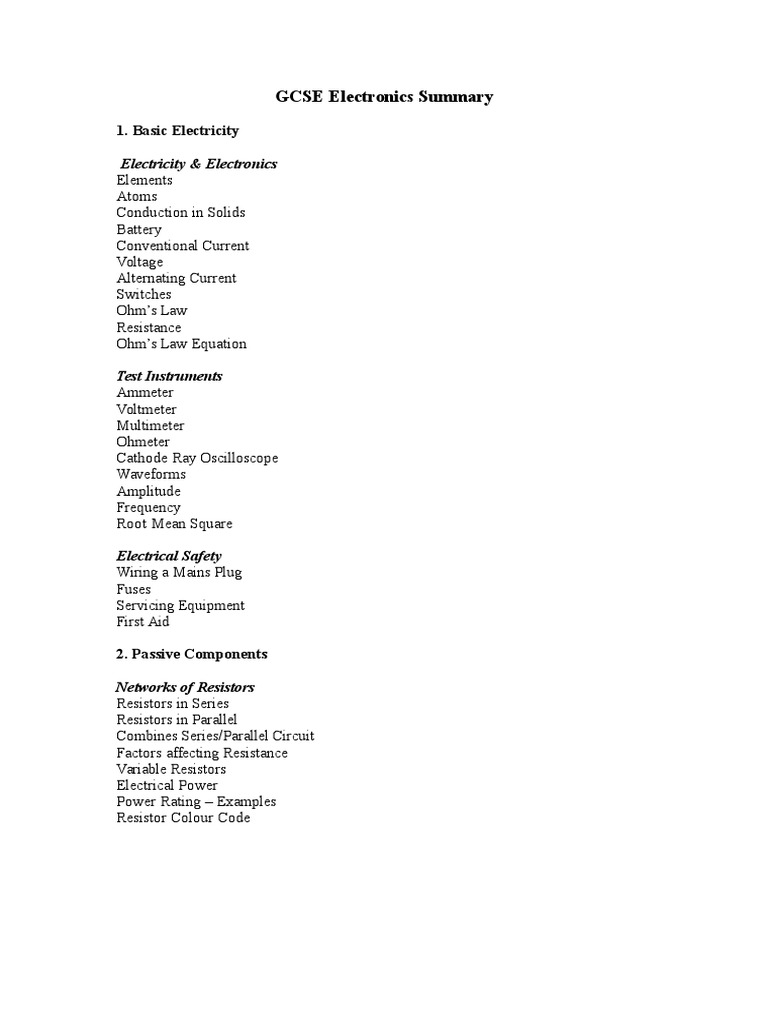 GCSE Electronics Summary: 1. Basic Electricity | PDF | Technology ...