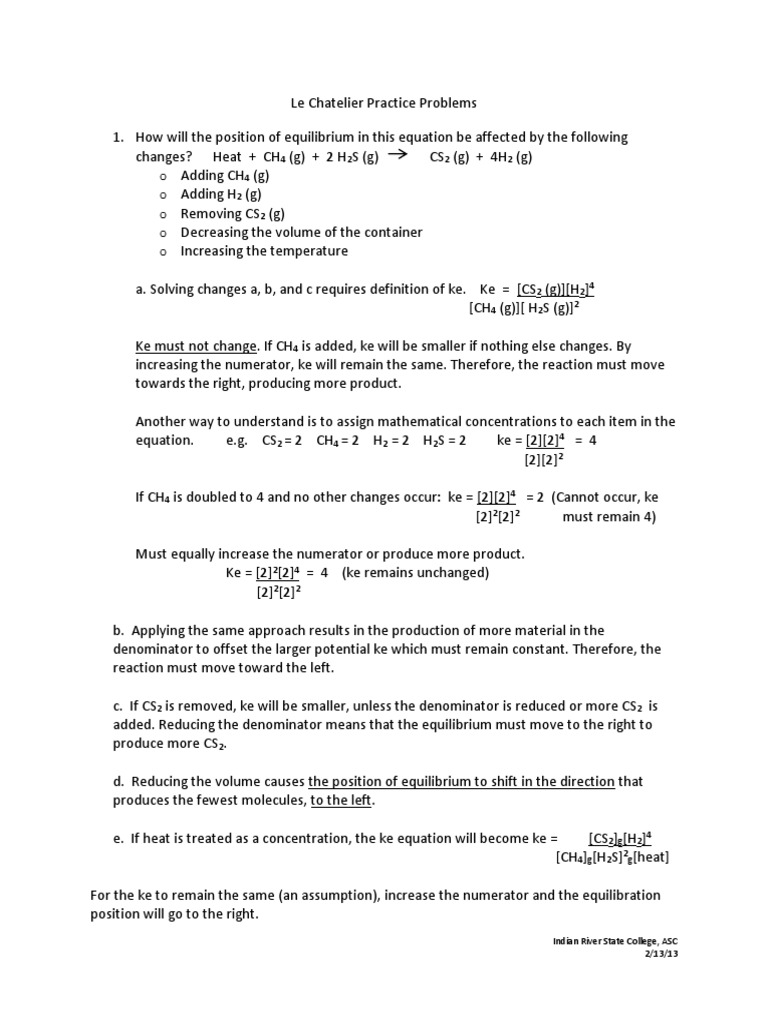 Le Chatelier Principle Practice Problems | PDF | Chemical Equilibrium ...