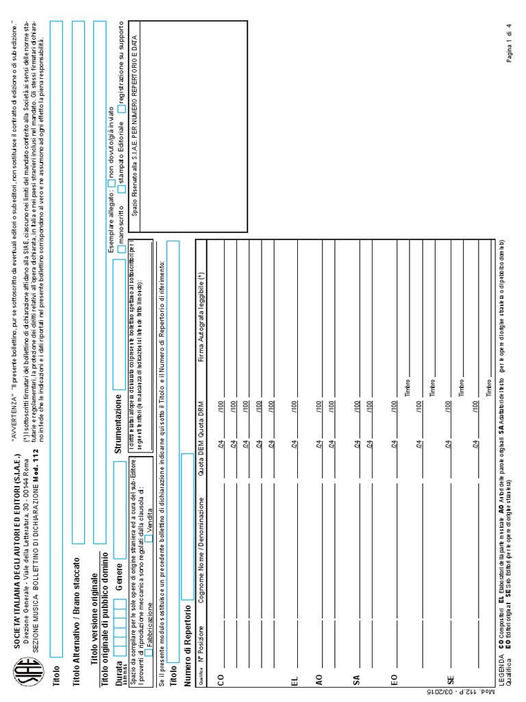 Modello 112 Per Depositare Brani Siae | PDF