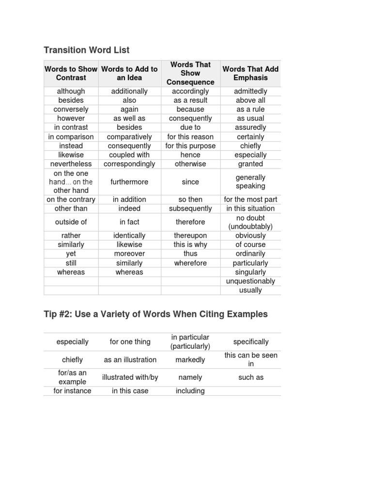 Transition Word List | PDF