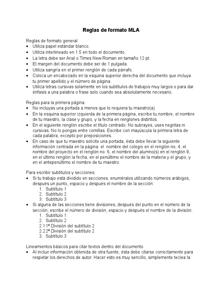 Reglas Formato MLA | PDF | Bibliografía | Comillas