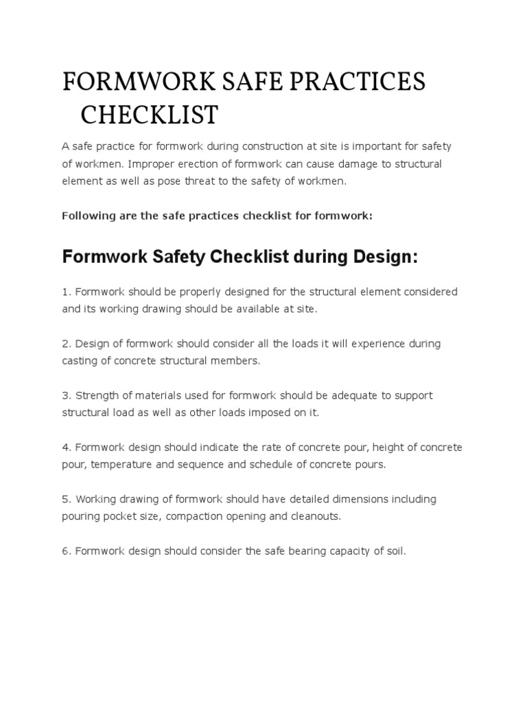 Formwork Safety Checklist During Construction