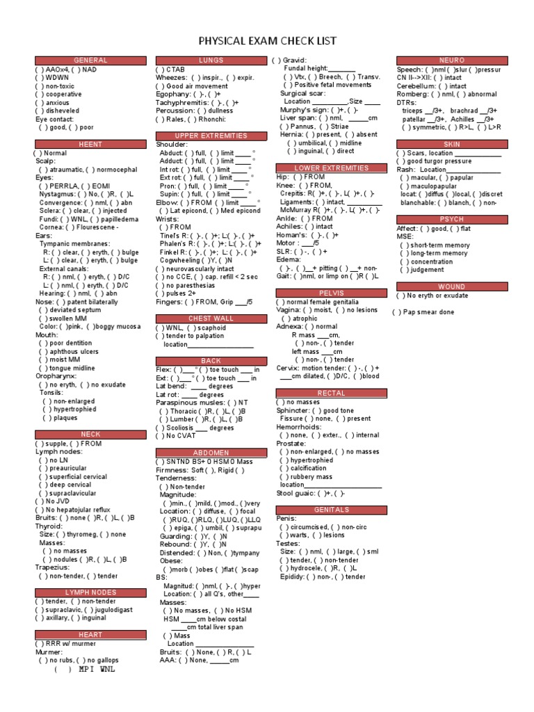Physical Exam Checklist | PDF | Medical Specialties | Anatomy
