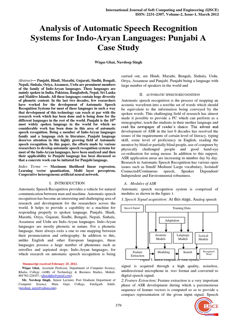 Analysis of Automatic Speech Recognition Systems for Punjabi: A Case ...