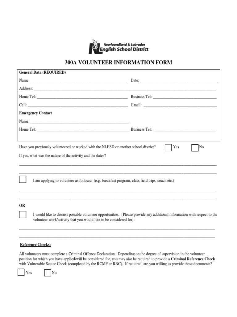 Volunteers in Schools - Nlesd Volunteer Information Form | PDF