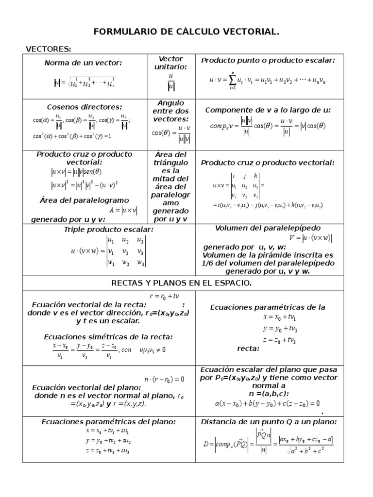 Formulario de Cálculo Vectorial | PDF | Divergencia | Vector Euclidiano