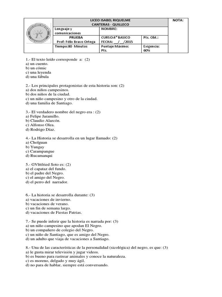 Prueba-Mi-Amigo-El-Negro 4° Basico | PDF