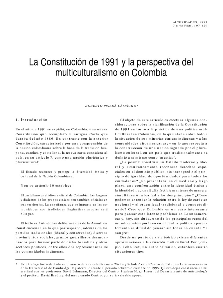 La Constitucion De 1991 Y La Perspectiva Del Multiculturalismo Pdf