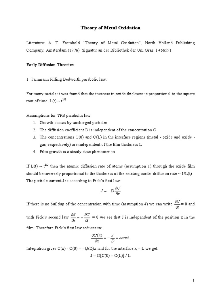 Theory of Metal Oxidation Diffusion Models | PDF | Diffusion | Chemical ...