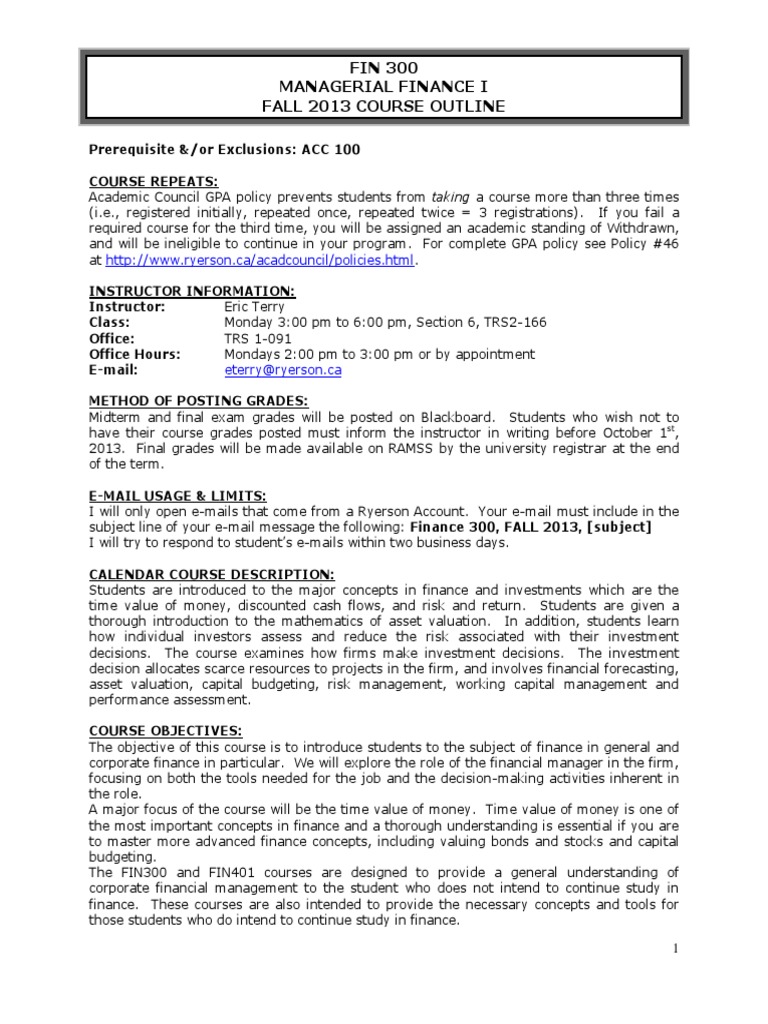 FIN300 Course Outline, S6, F13 | PDF | Test (Assessment) | Plagiarism