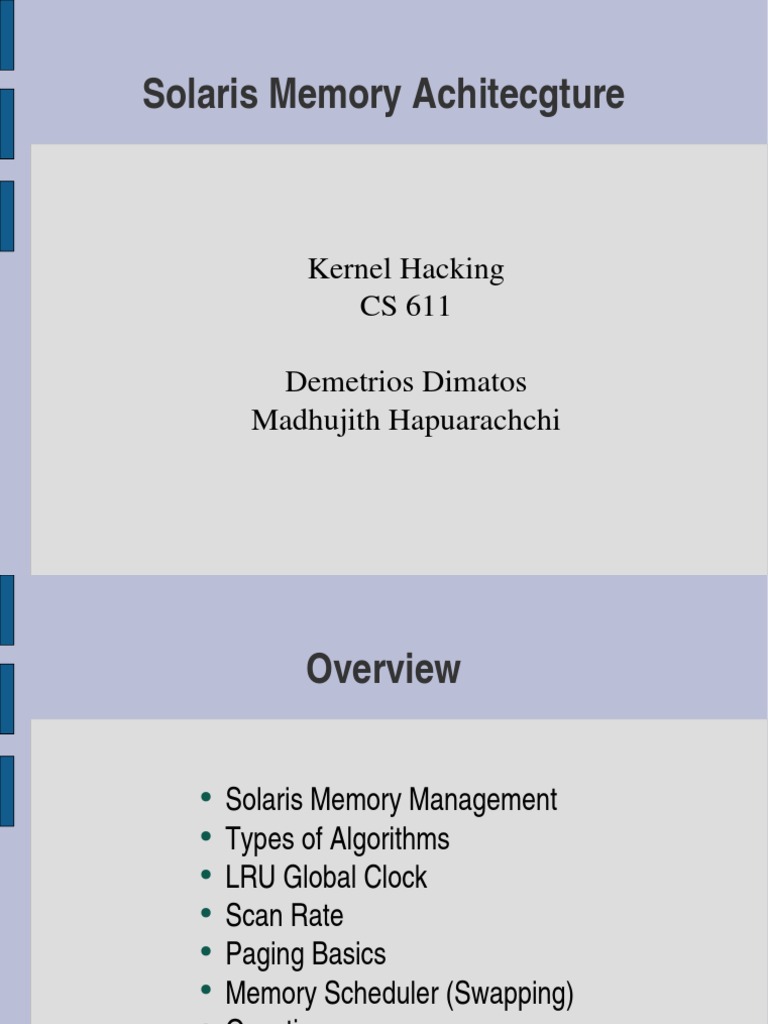 Solaris Memory Achitecgture: Kernel Hacking CS 611 Demetrios Dimatos Madhujith Hapuarachchi ...