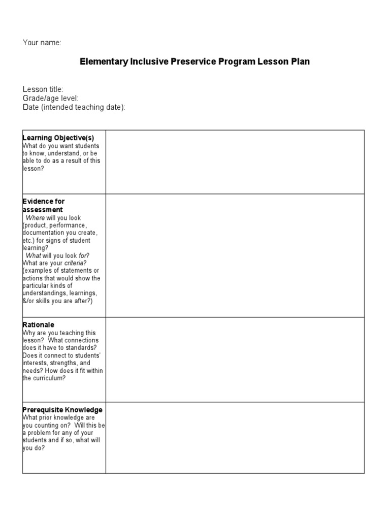 Elementary Inclusive Preservice Program Lesson Plan: Your Name | PDF