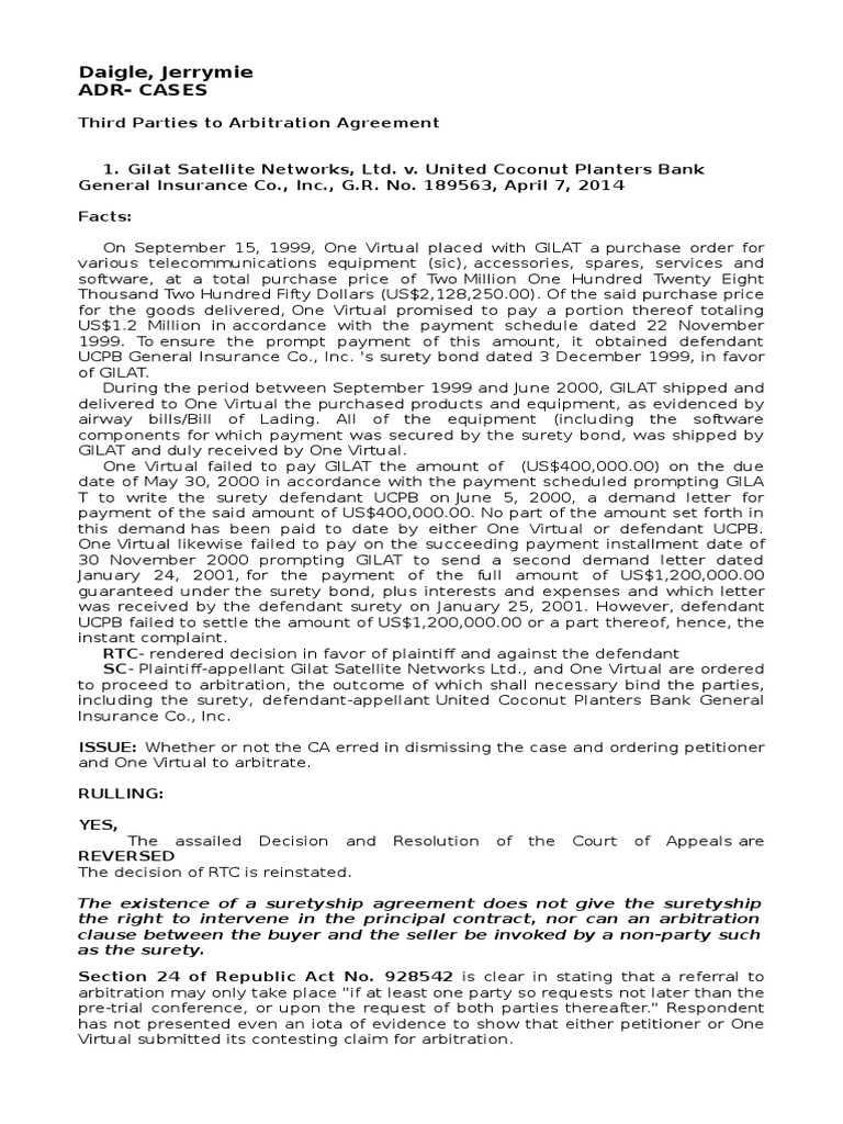 ADR Digested Case For Finals | PDF | Arbitration | Surety Bond
