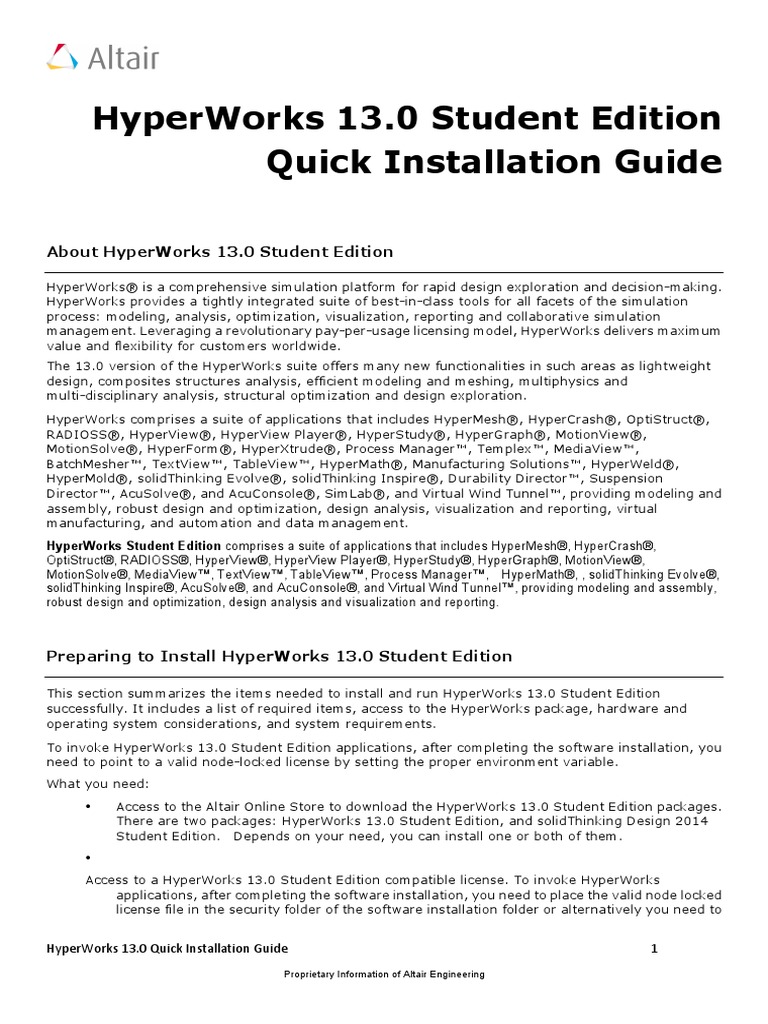 Altair HyperWorks 13 0 Student Edition Quick Install Guide | Download Free PDF | Installation ...