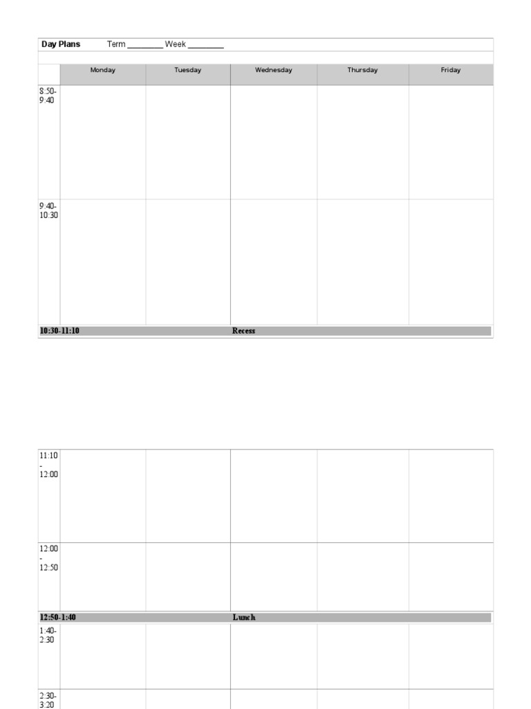 Day Plans Term - Week - : Monday Tuesday Wednesday Thursday Friday | PDF