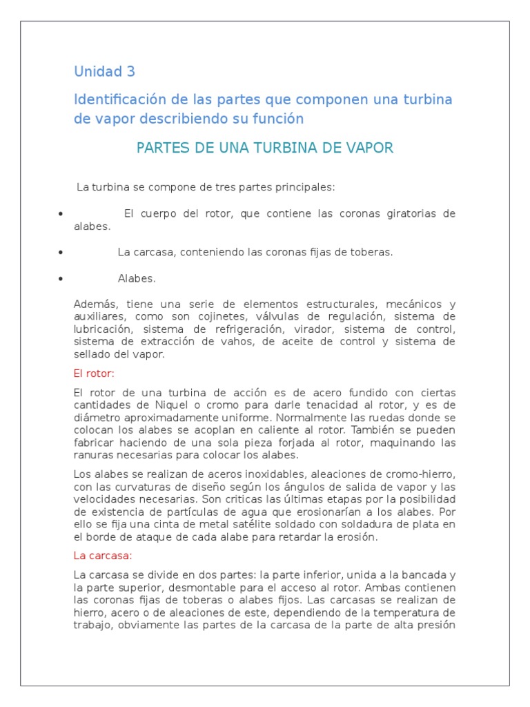Unidad 3 Partes de Una Turbina de Vapor | PDF | Turbina | Bomba