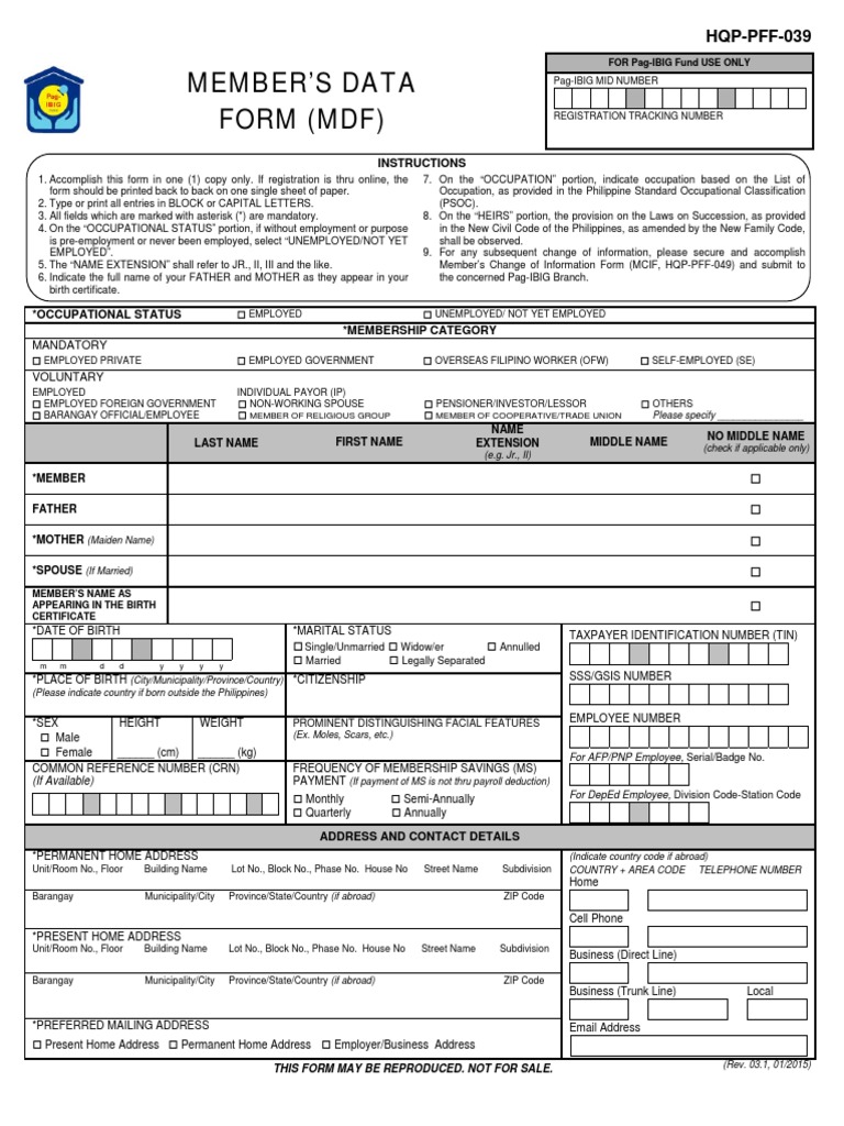 Member's Data Form (MDF, Hqp-pff-039, V04.1) | PDF | Address (Geography ...